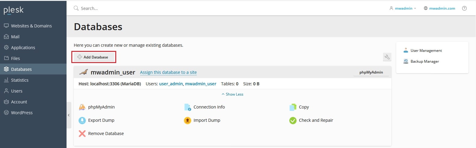 How to Create a MS SQL Database and Database User in Plesk?